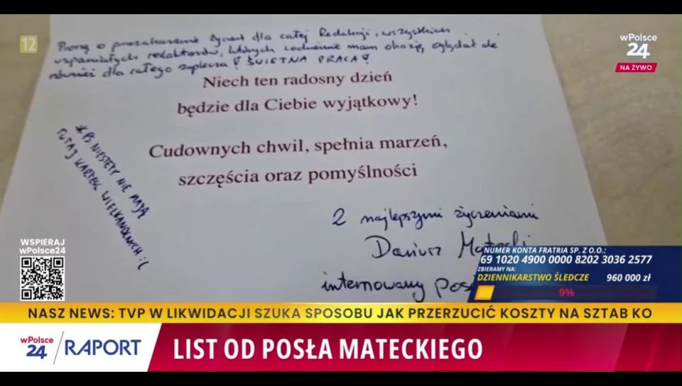 Wzruszające życzenia od Dariusza Mateckiego. Poseł przysłał nam kartkę z aresztu